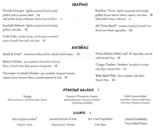 Menu at BrickTop's restaurant, Charlotte, Morrison Blvd #1B