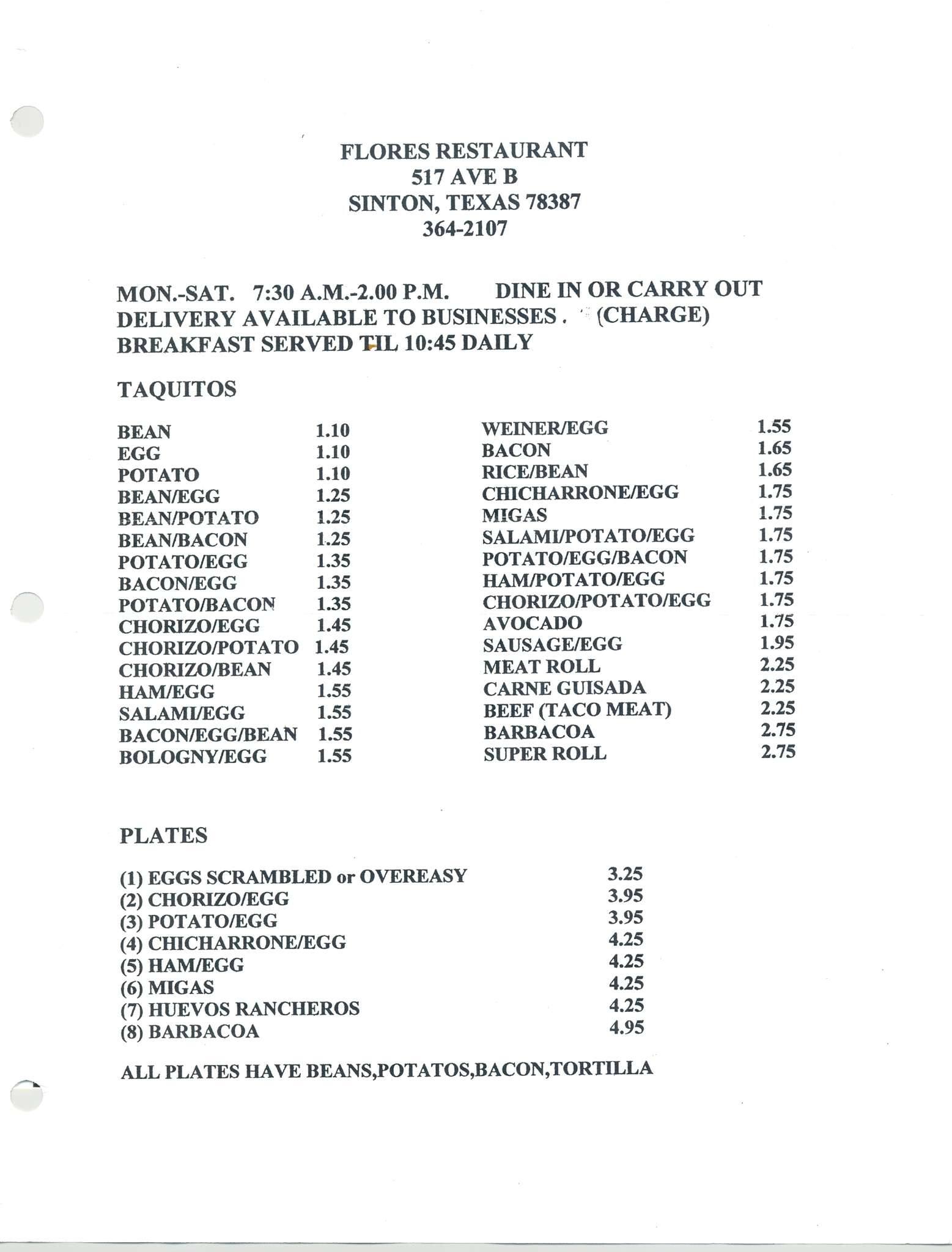 Menu at Flores Restaurant, Sinton