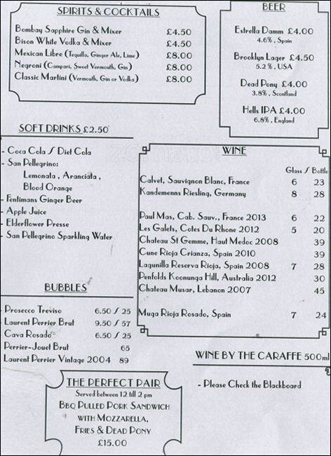 Menu at Brioche restaurant, London, 15 Exeter St