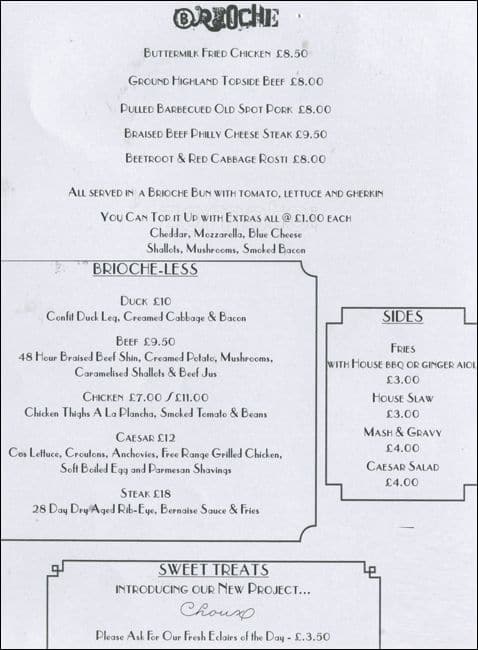 Menu at Brioche restaurant, London, 15 Exeter St