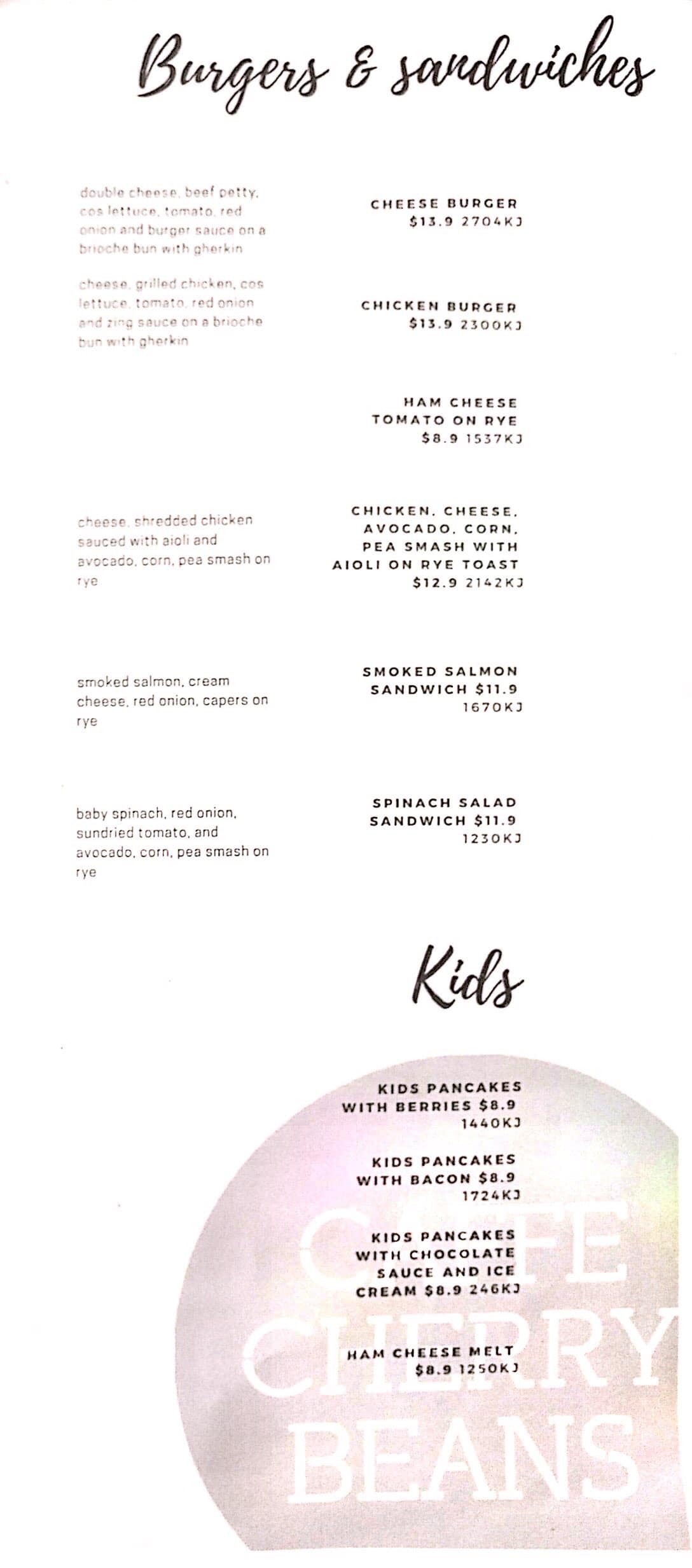 Menu at Caffe Cherry Beans cafe, Shailer Park