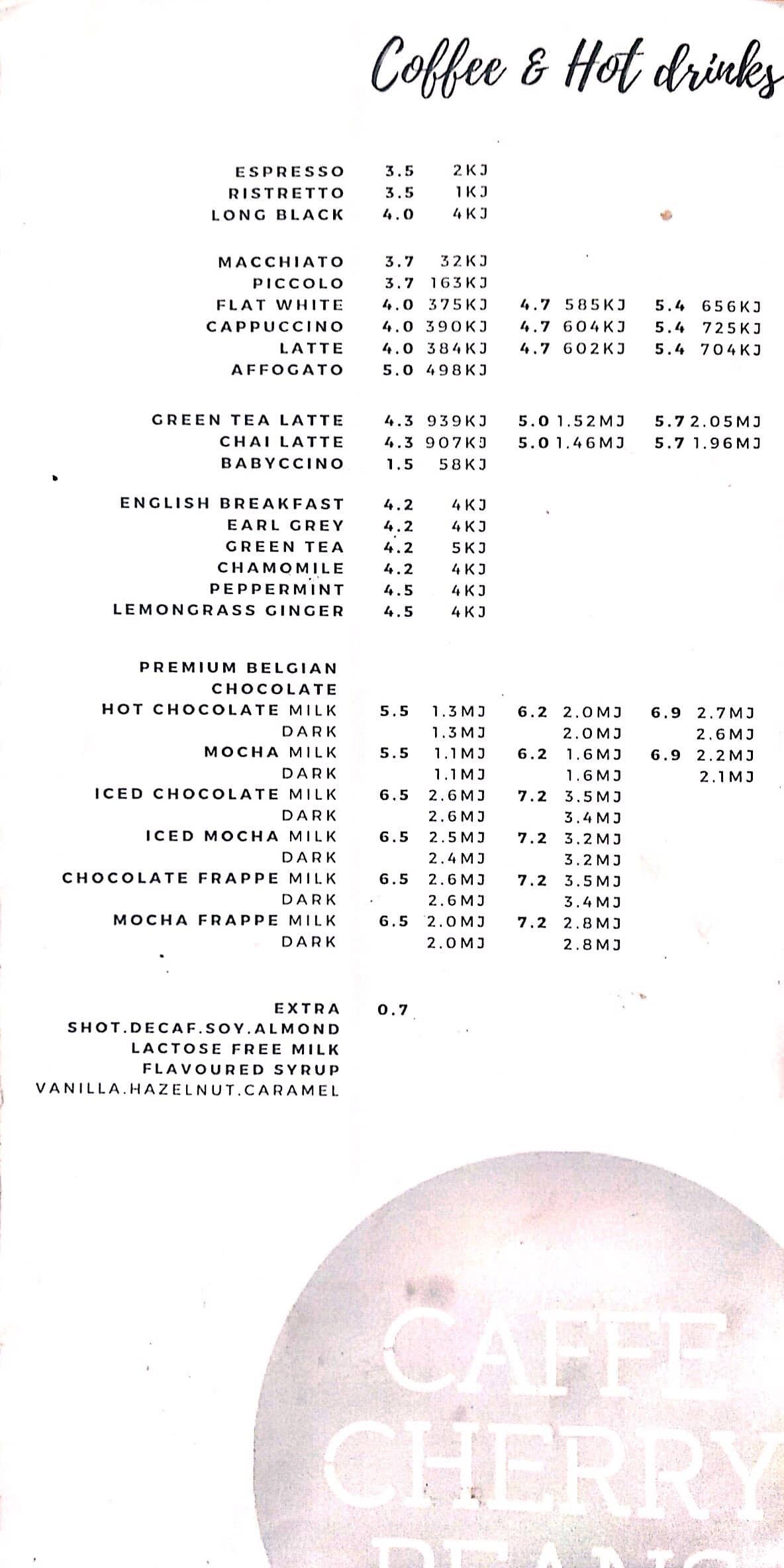 Menu at Caffe Cherry Beans cafe, Shailer Park
