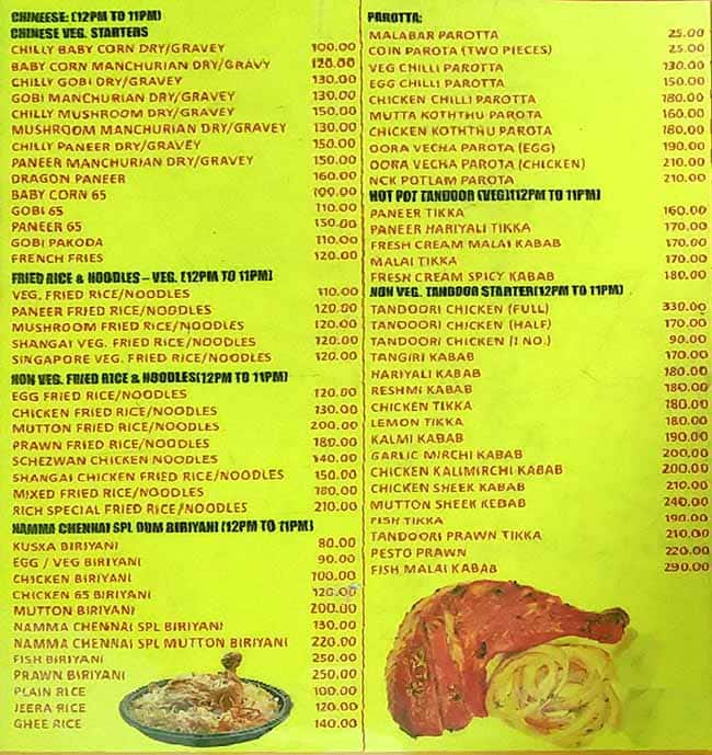 Menu at Namma chennai kitchen, Chennai