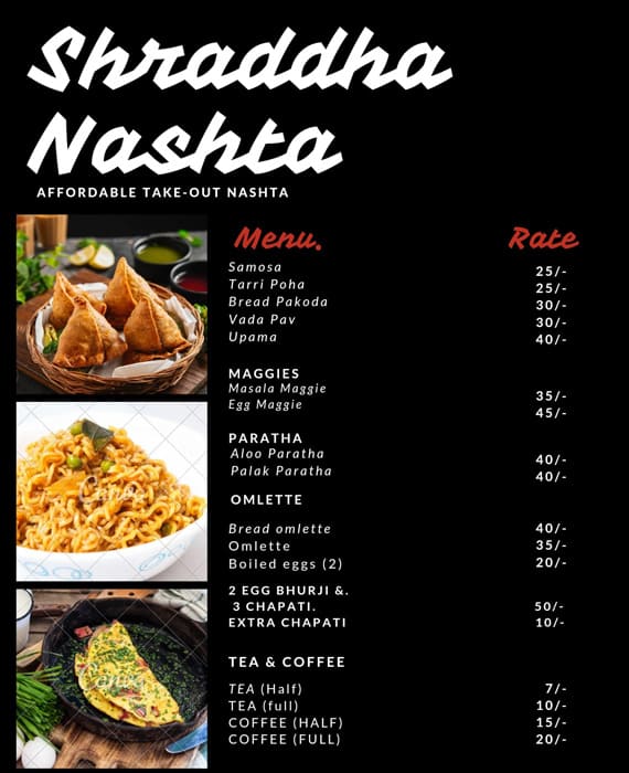 Menu of Shraddha Nashta, Hingna T Point, Nagpur