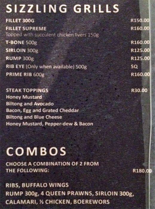 Menu at Pata Pata restaurant, Johannesburg, 286 Fox St