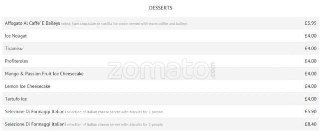 Menu at Dolce Gusto restaurant, Birmingham