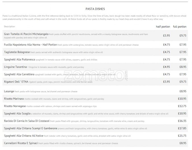 Menu at Dolce Gusto restaurant, Birmingham