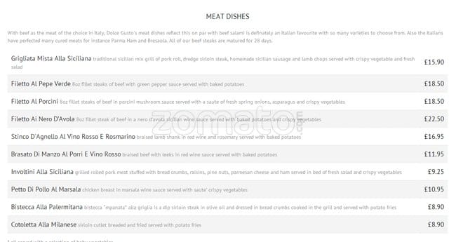 Menu at Dolce Gusto restaurant, Birmingham