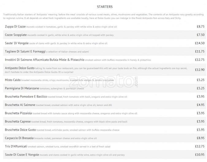 Menu at Dolce Gusto restaurant, Birmingham