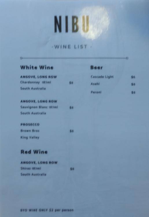 Menu at NiBu cafe, Lane Cove