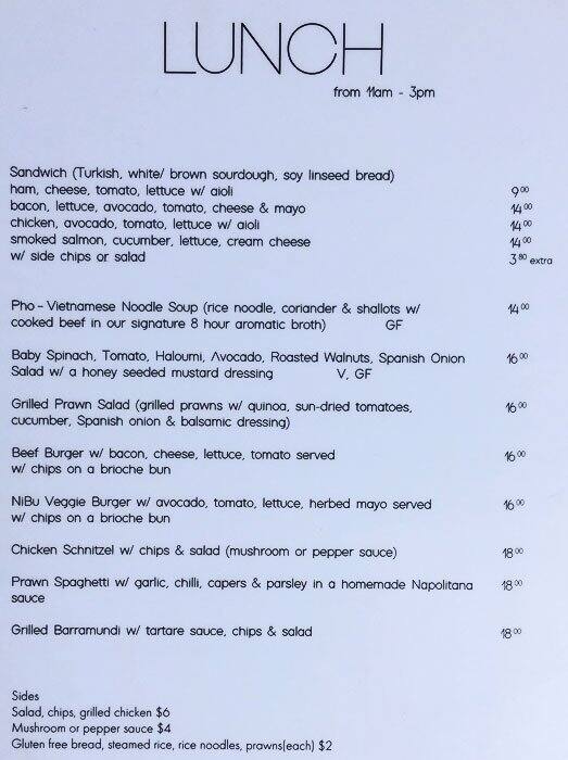 Menu at NiBu restaurant, Lane Cove