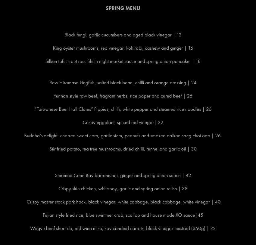 Menu at Lee Ho Fook restaurant, Melbourne, 11-15 Duckboard Pl