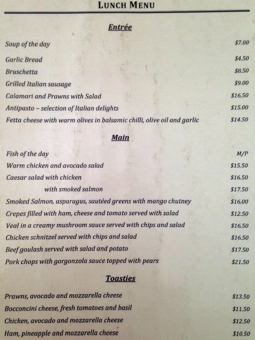 Menu at Bocelli restaurant, South Perth