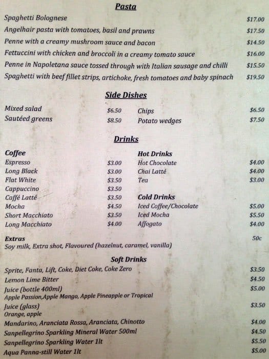 Menu at Bocelli restaurant, South Perth