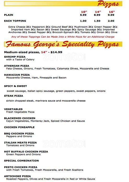 Menu at Famous Georges Pizzeria Pasta, King of Prussia