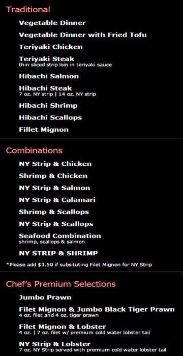 Menu at Nakato Japanese Steakhouse, Charlotte, Pineville-Matthews Rd