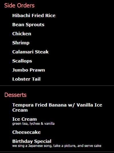 Menu at Nakato Japanese Steakhouse, Charlotte, Pineville-Matthews Rd