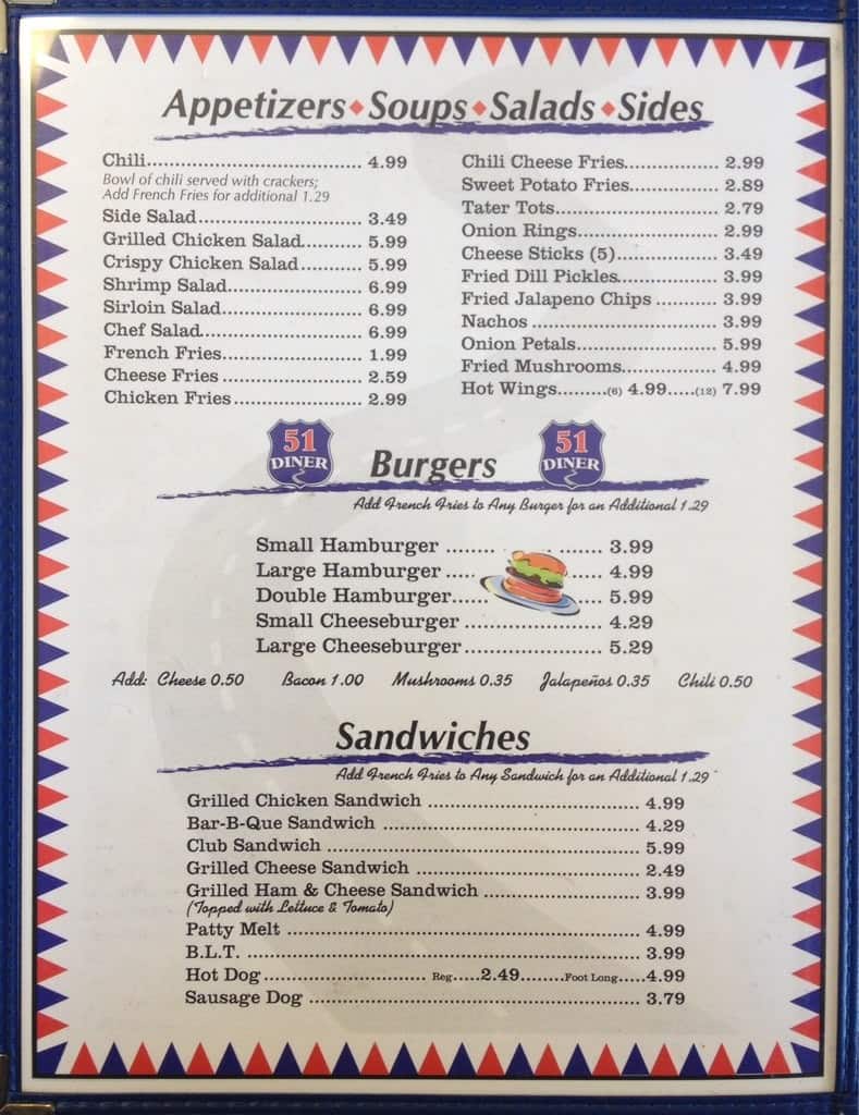 Menu at Fifty One Diner restaurant, Wesson