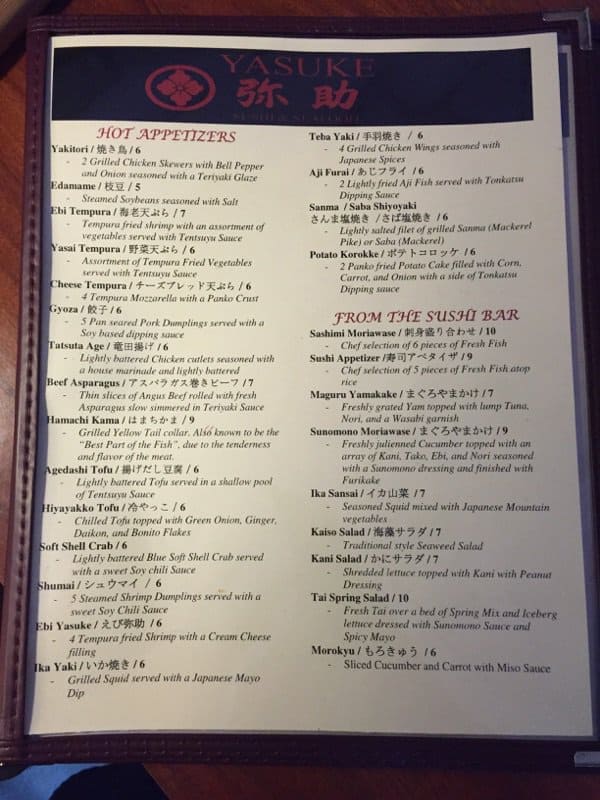 Menu at Yasuke Japanese Sushi restaurant, McAllen