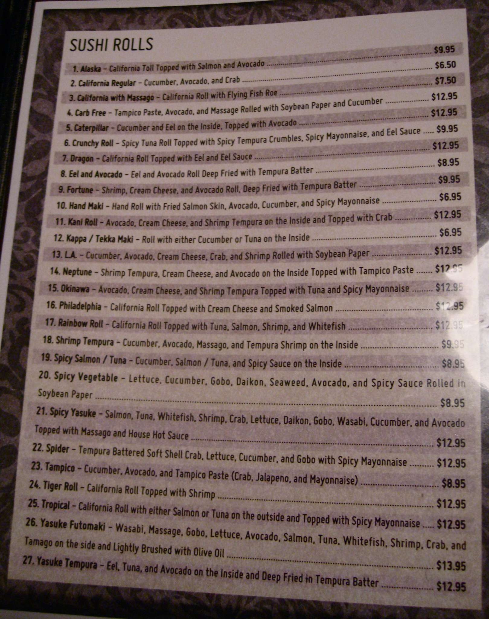 Menu at Yasuke Japanese Sushi restaurant, McAllen