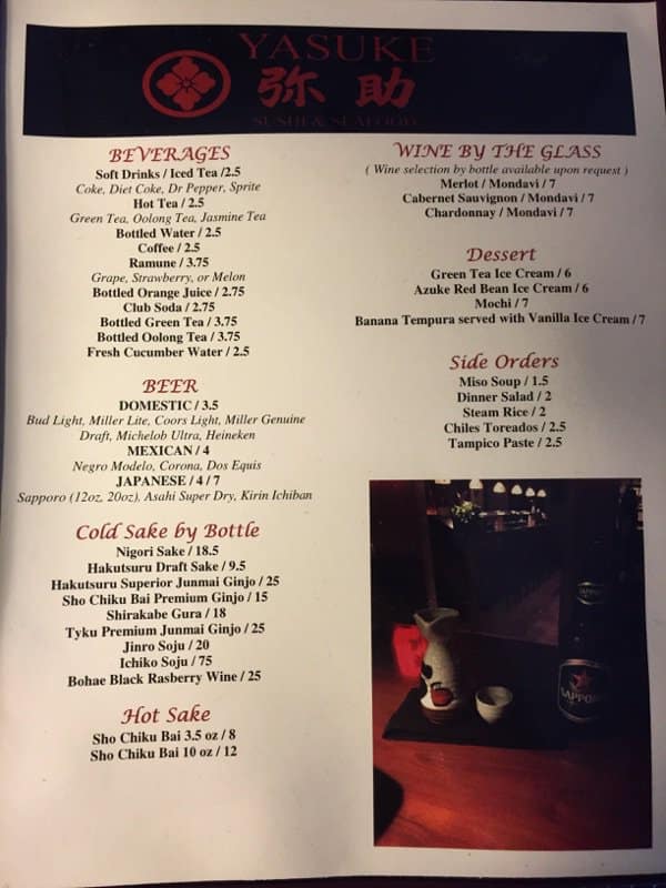 Menu at Yasuke Japanese Sushi restaurant, McAllen