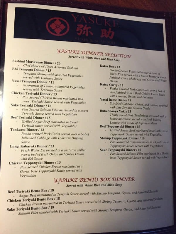 Menu at Yasuke Japanese Sushi restaurant, McAllen