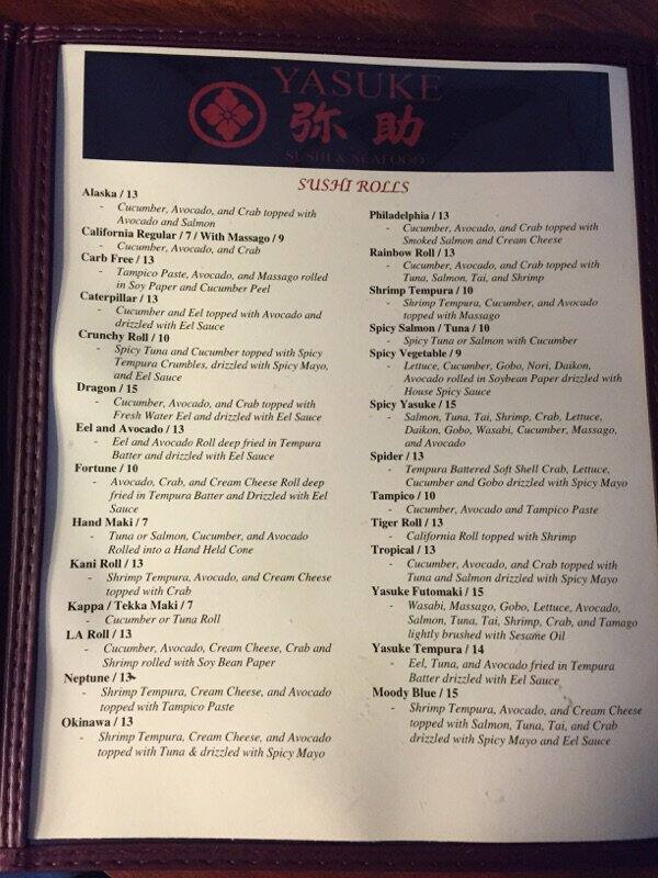 Menu at Yasuke Japanese Sushi restaurant, McAllen