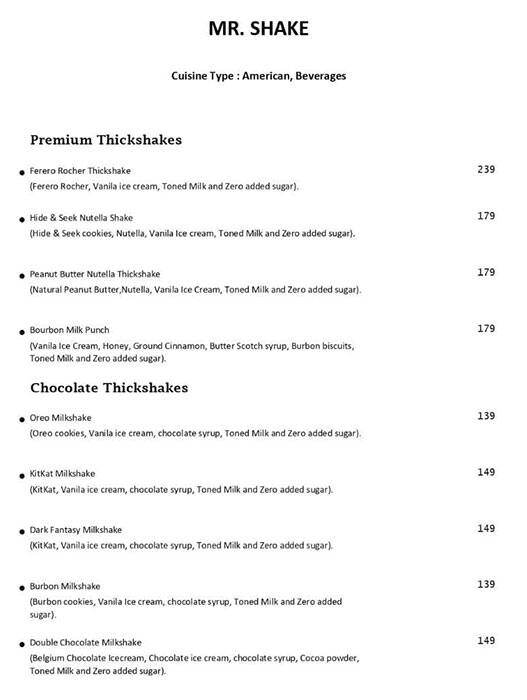 Menu of Mr. Shake, Malad West, Mumbai