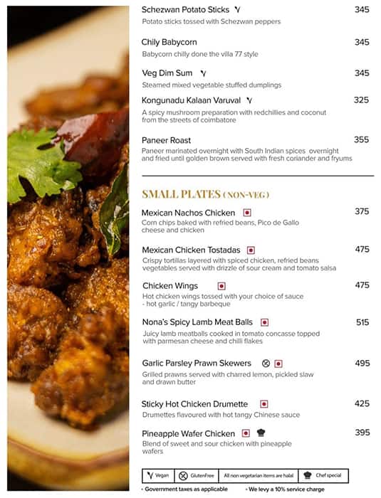 Menu at Villa 77, Chennai