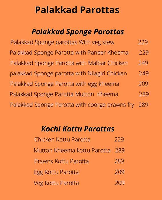 Menu of Palakkad Parottas, Kondapur, Hyderabad
