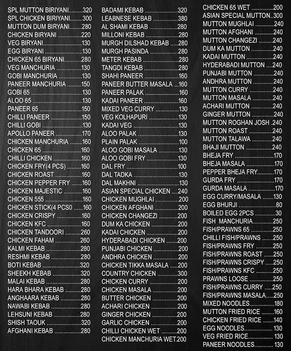Menu of Hotel Asian Grand, Abids, Hyderabad