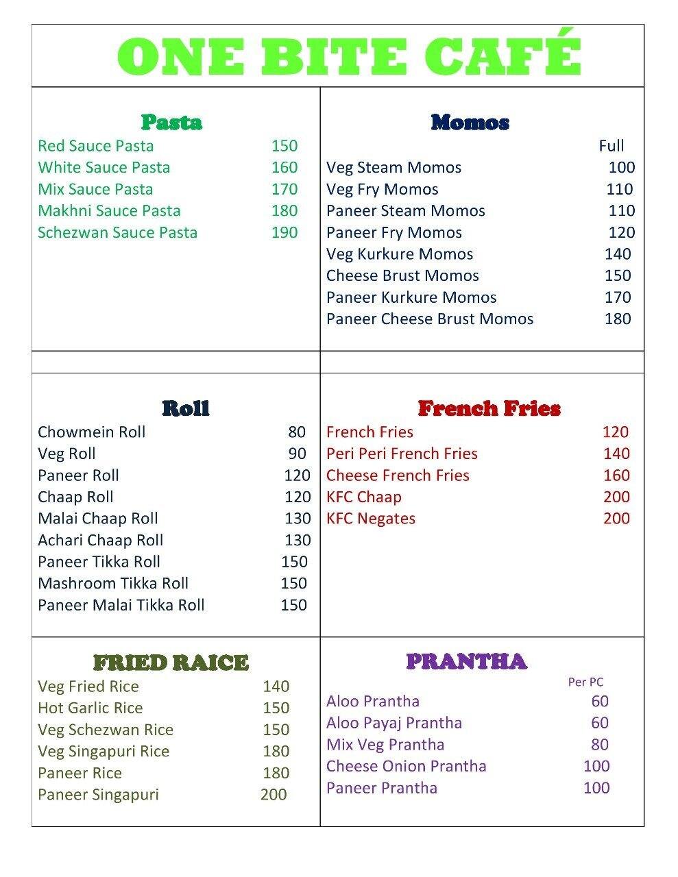 Menu of One Bite Cafe, Manesar, Gurgaon