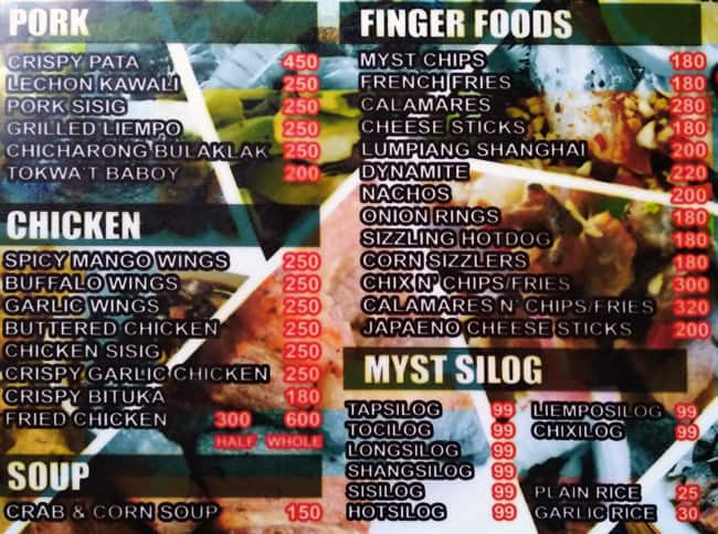 Menu at Myst pub & bar, Manila