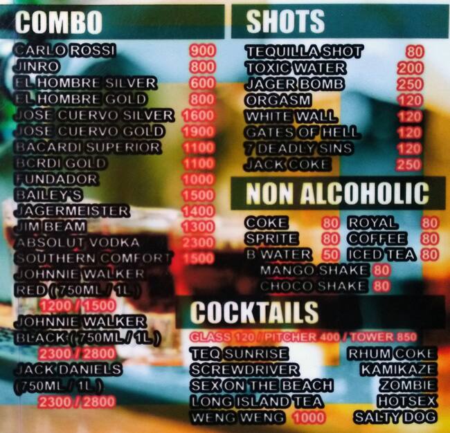 Menu at Myst pub & bar, Manila