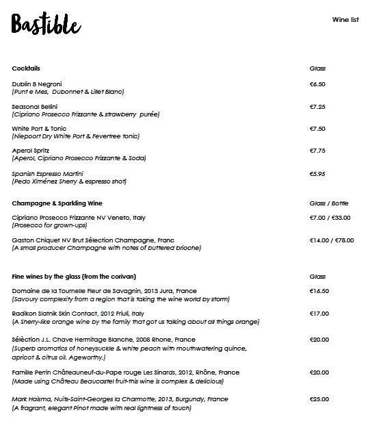 Menu at Bastible restaurant, Dublin