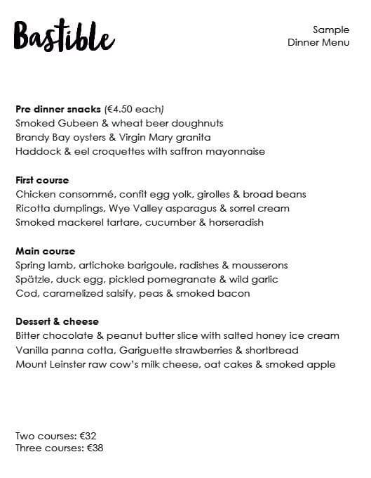 Menu at Bastible restaurant, Dublin