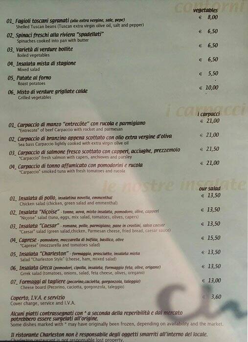 Menu at Charleston restaurant, Milan, Piazza del Liberty