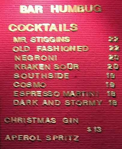 Menu at Bar Humbug, Melbourne, 586 Little Bourke St