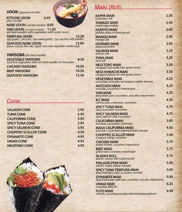 Menu at Sushi Wara restaurant, Delta