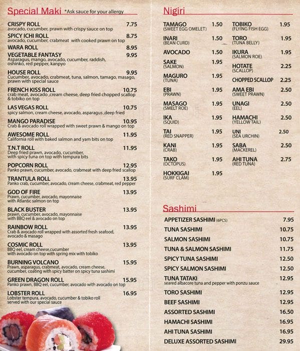 Menu at Sushi Wara restaurant, Delta
