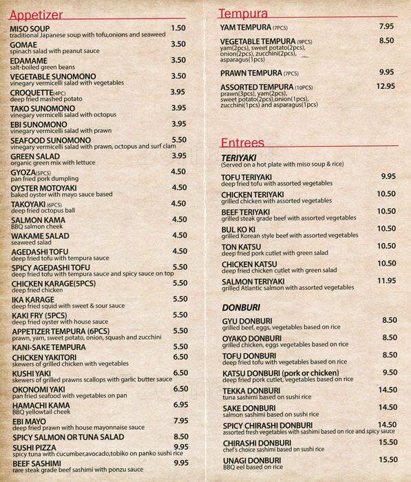 Menu at Sushi Wara restaurant, Delta