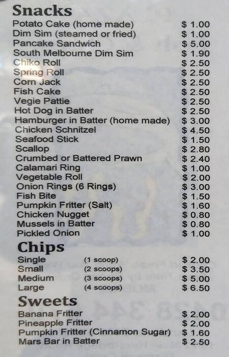 Menu at Plaza Fish & Chips fast food, Diamond Creek