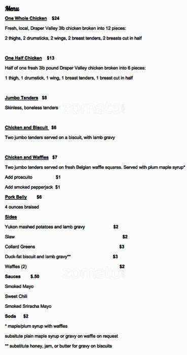 Menu at Harry's Chicken Joint restaurant, Seattle