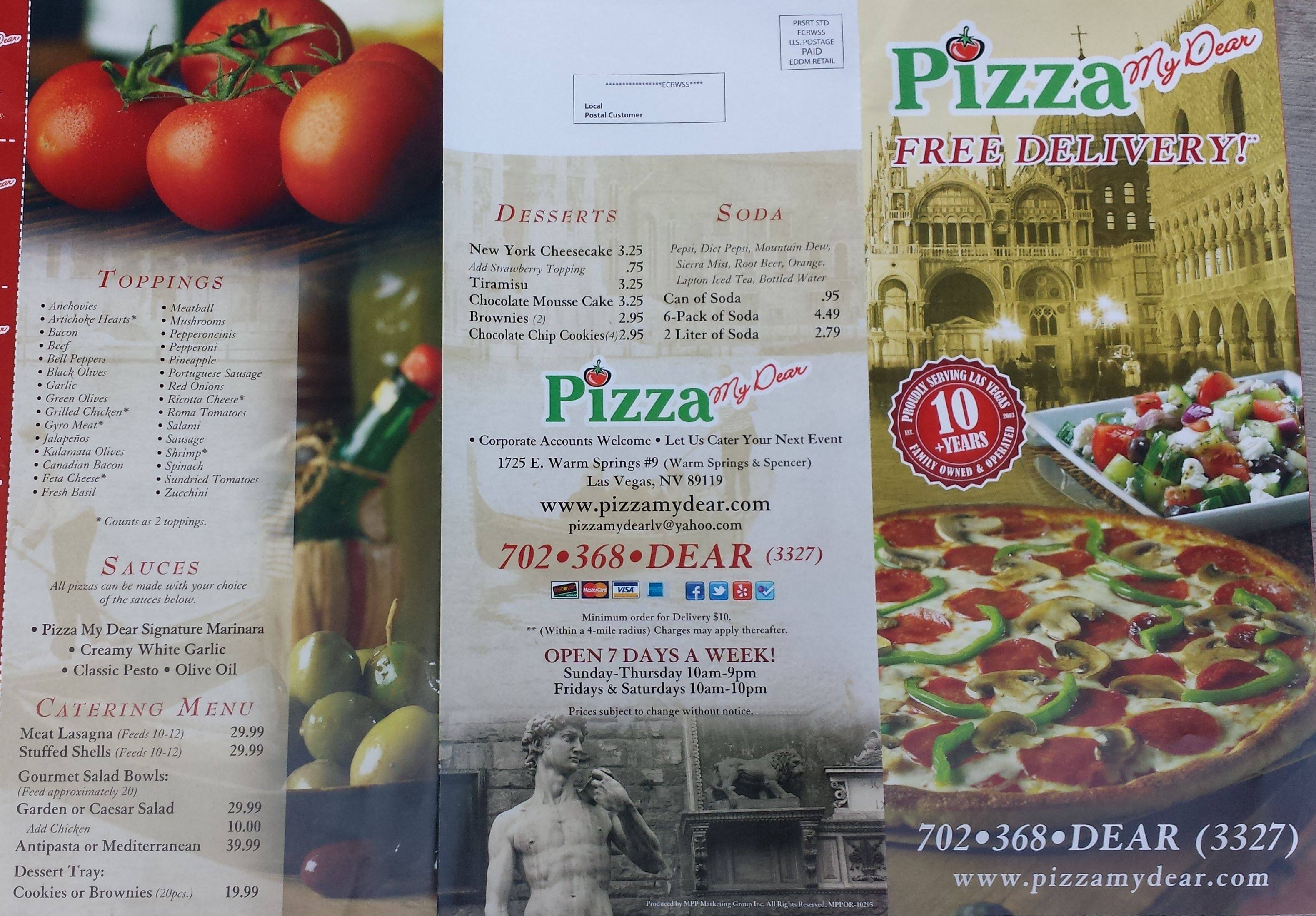 Menu at Pizza My Dear pizzeria, Las Vegas, E Warm Springs Rd # 9