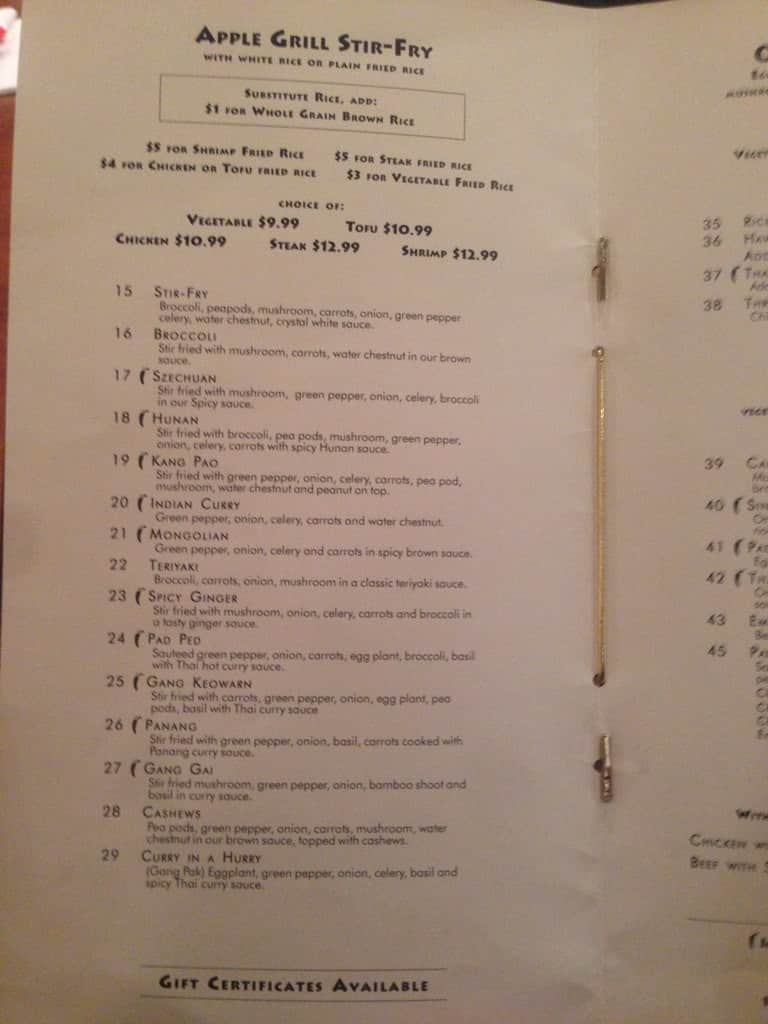 Menu at Apple Grill restaurant, West Bloomfield Township