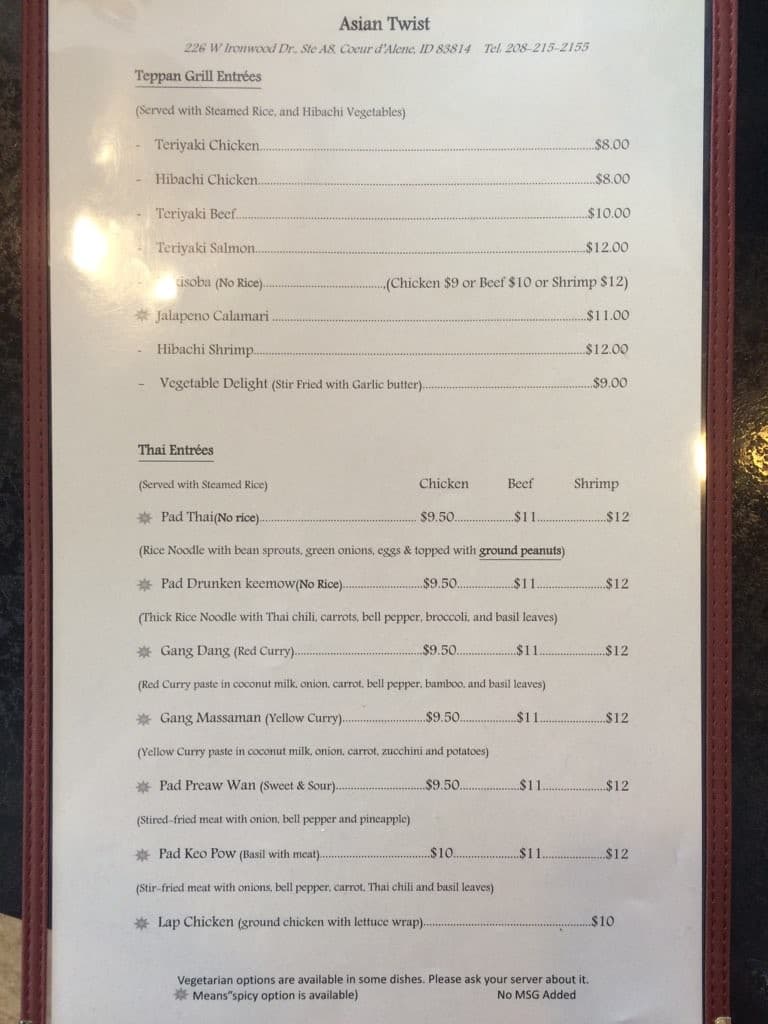 Menu at Asian Twist desserts, Coeur d'Alene, 226 W Ironwood Dr