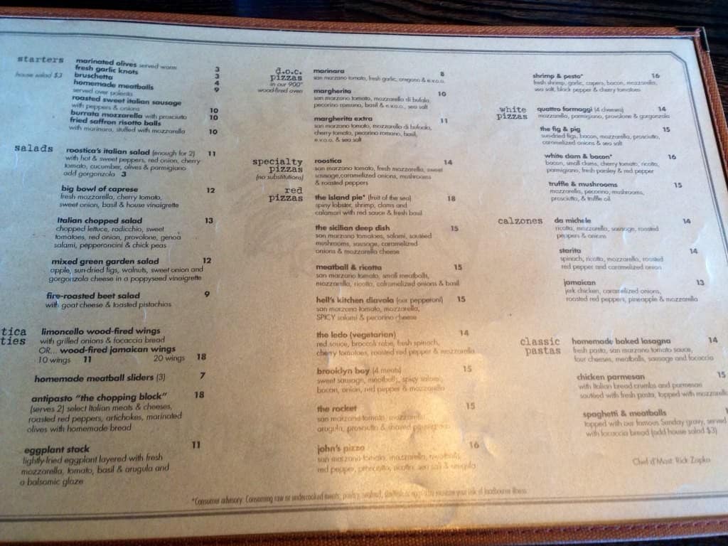 Menu at Roostica pizzeria, Stock Island