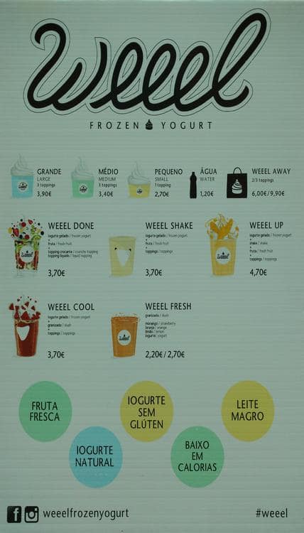 Menu em Weeel Frozen Yogurt, Vila Nova de Gaia, Av. da República 1435