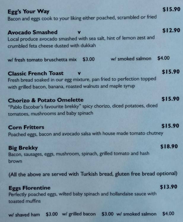 Menu at Bell Jar Cafe, Kangaroo Point