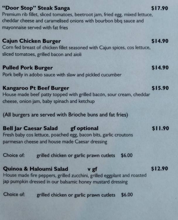 Menu at Bell Jar Cafe, Kangaroo Point